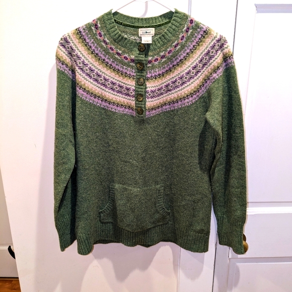 L.L. Bean | Sweaters | Ll Bean Fair Isle Wool Sweater Green Purple ...